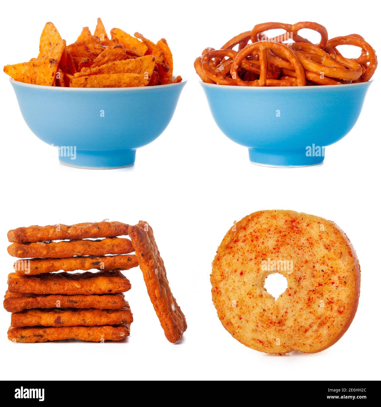 Salty snacks isolated on white background collage Stock Photo - Alamy