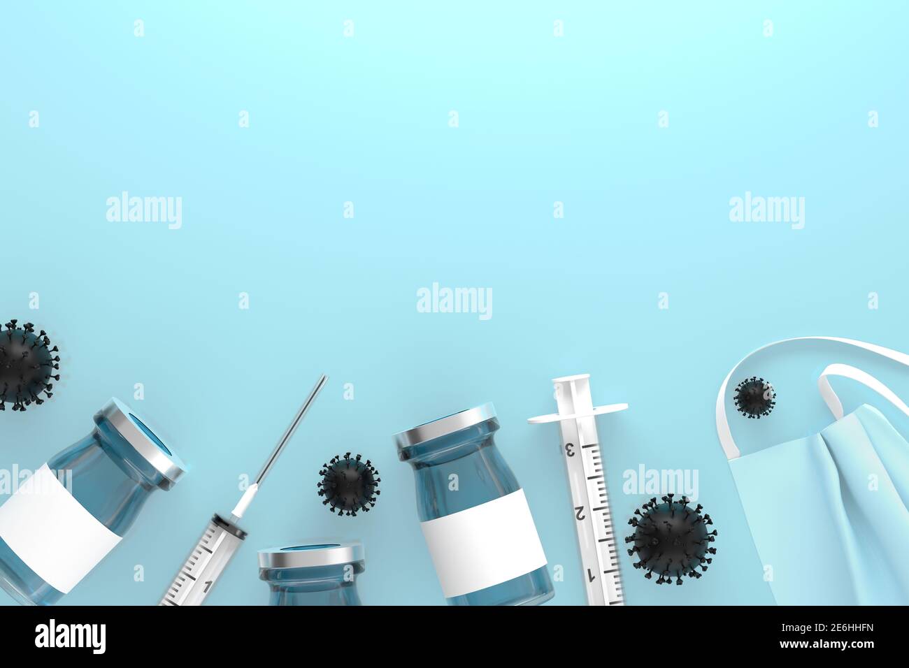 Illustration of a vaccine in a bottle, syringes, mask, infection or ...