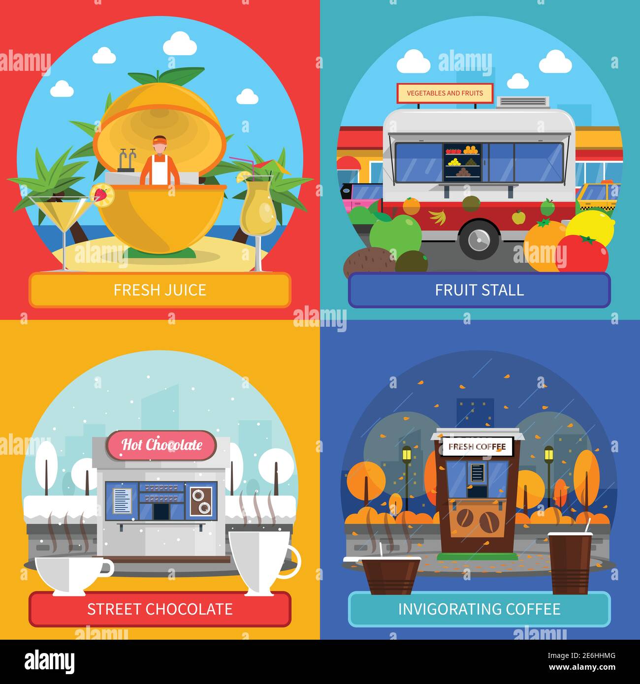 Street food concept icons set with fresh juice fruit stall and street ...