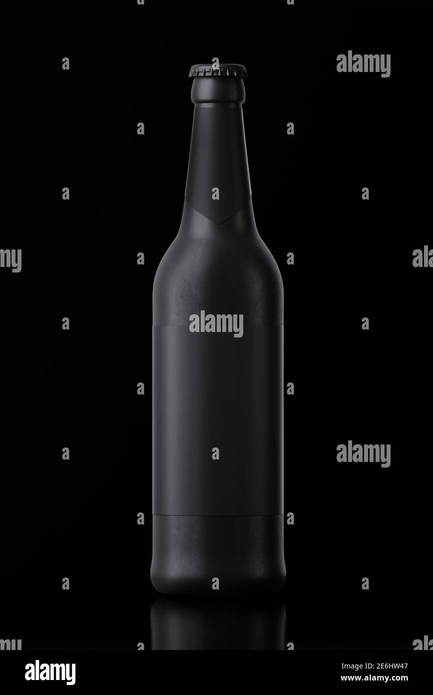 3D model of matt dark grey beer bottle with cap and label against black ...