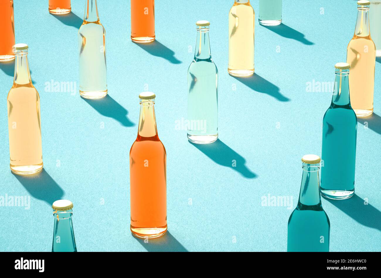 Various color glass bottles with shadows on blue surface. 3d models of ...