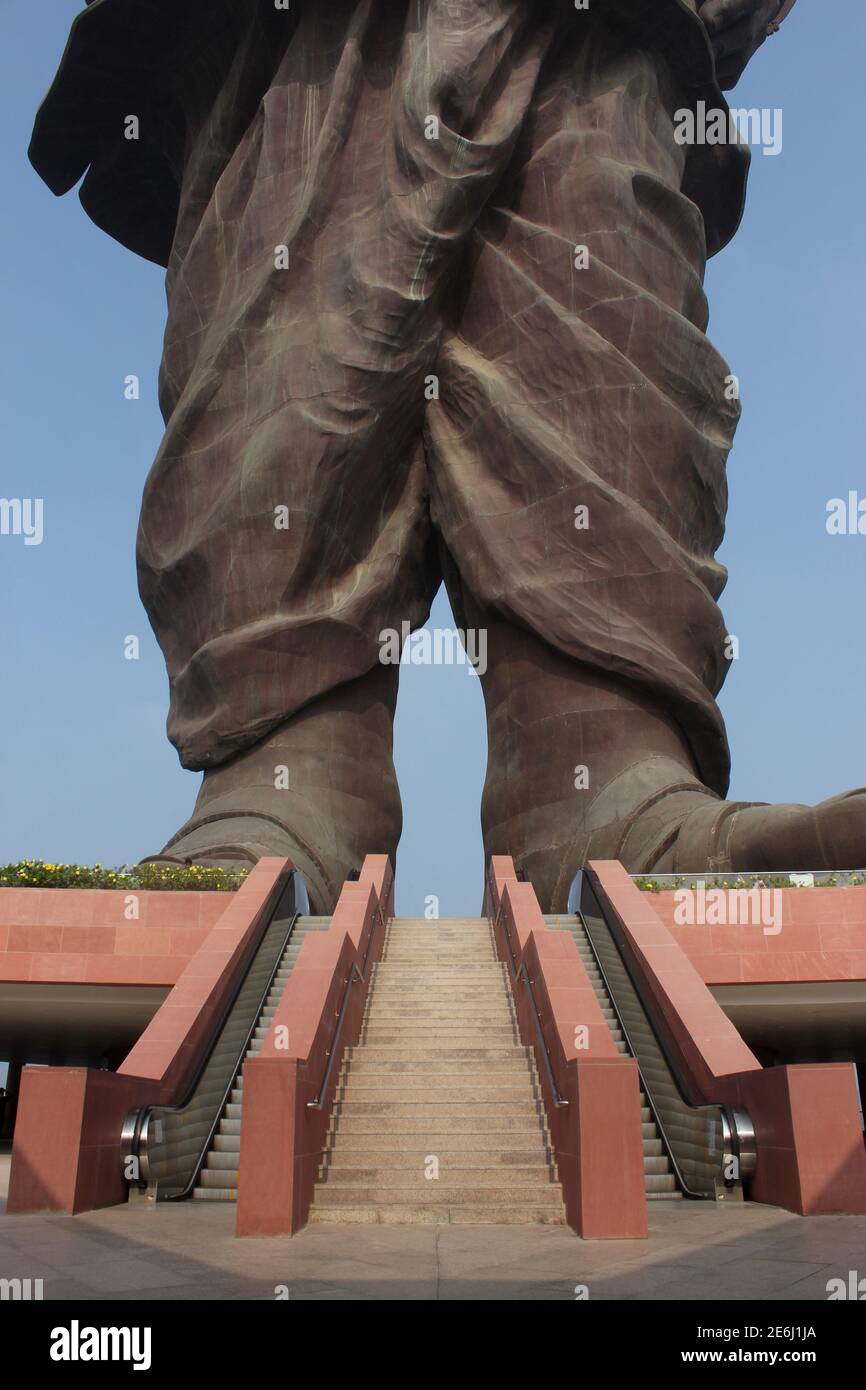 Close view of Statue of Unity with an electric escalator. World's ...