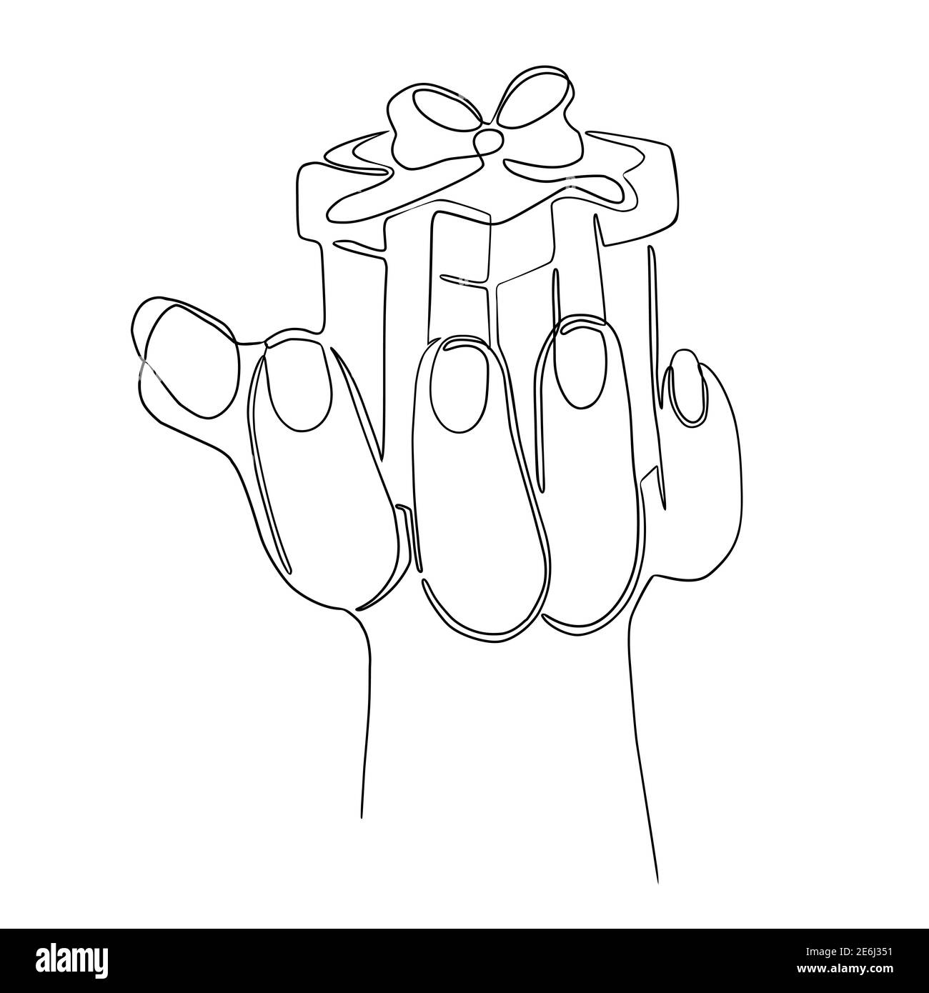 Human hand holding a gift. Drawn by one continuous line. Isolated stock ...