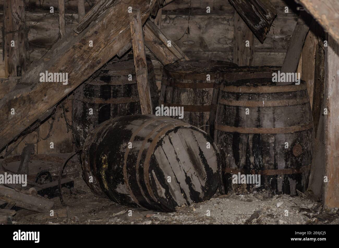 wooden barrels with wine in old cellar Stock Photo - Alamy