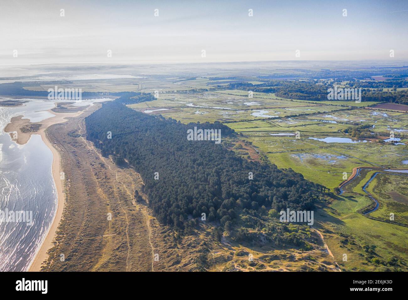 Aerial view of Holkham National Nature Reserve showing dunes, pine ...