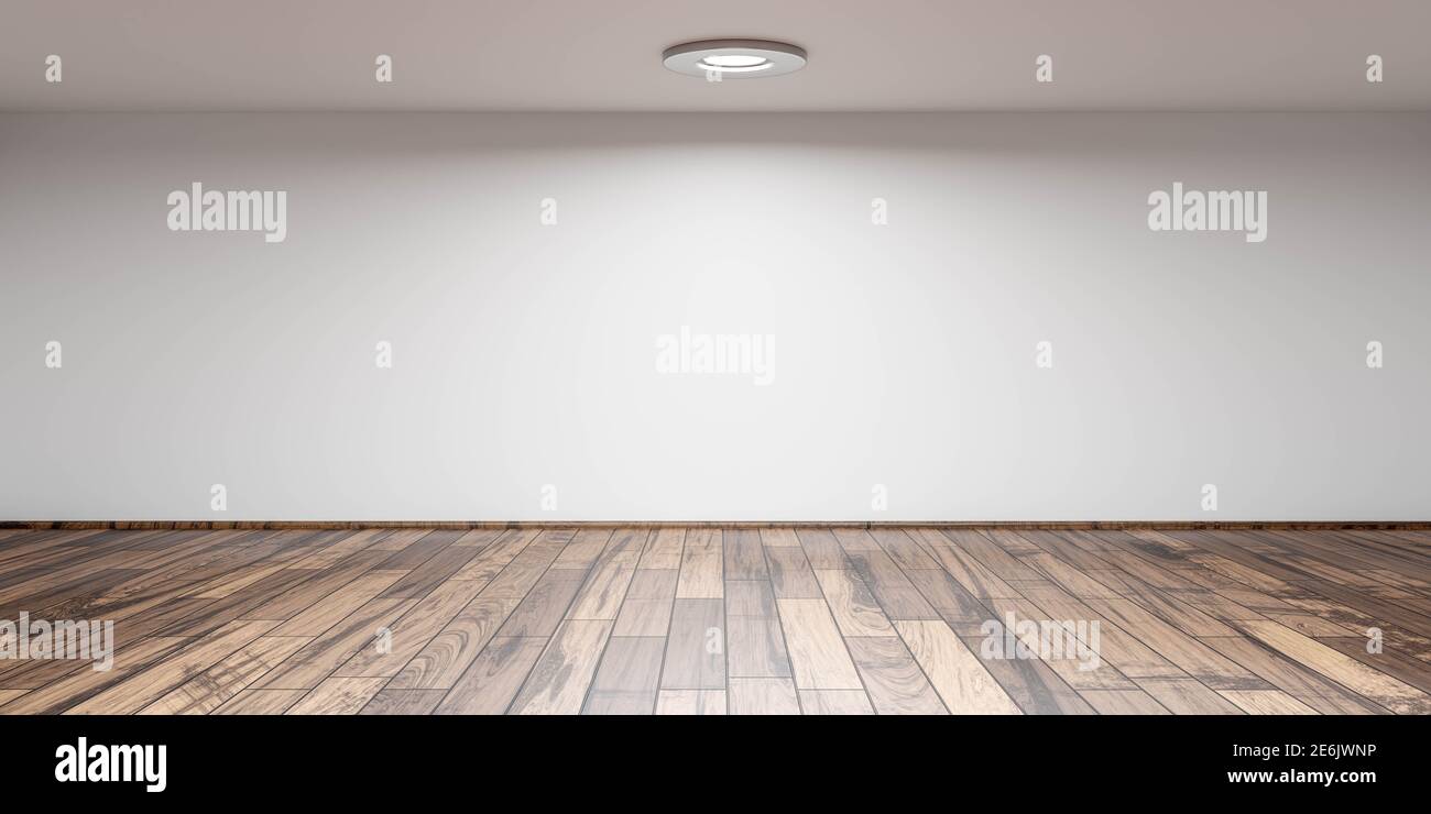 Empty white room with wooden floor 3d render illustration with bright ...