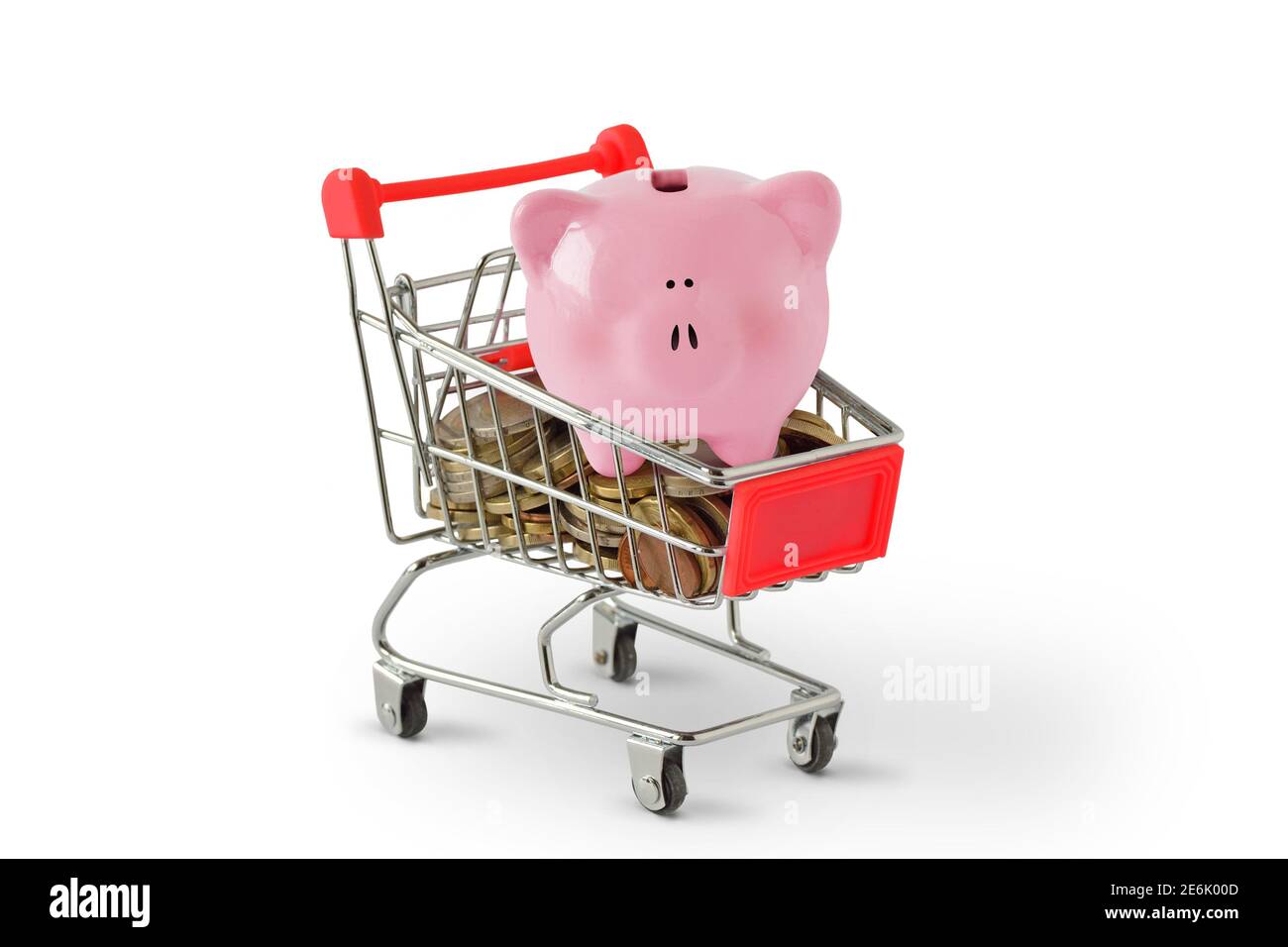 Shopping cart with coins and piggy bank - Concept of shopping and ...