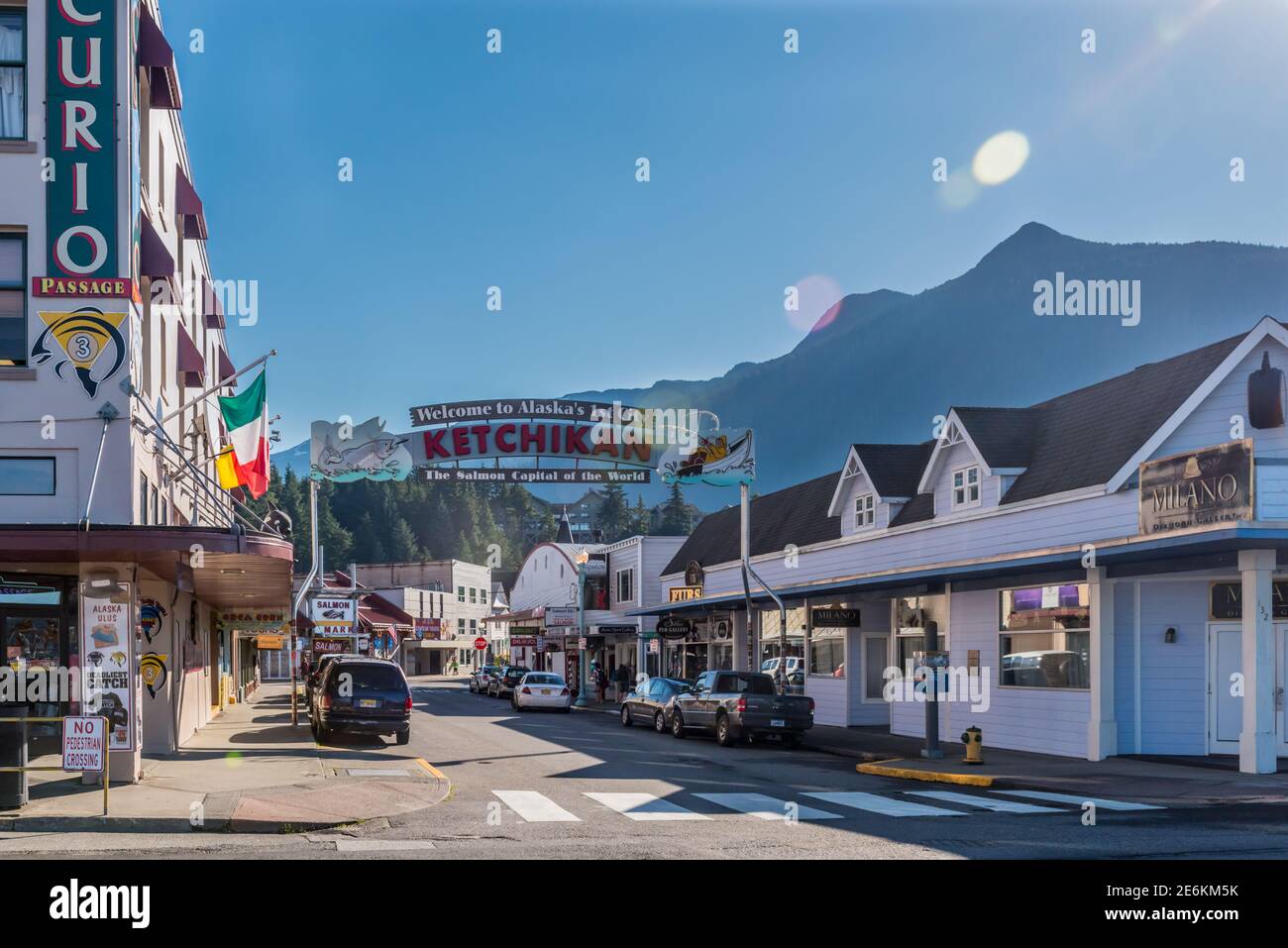 View of one of the main streets in Ketchikan, Alaska including the ...