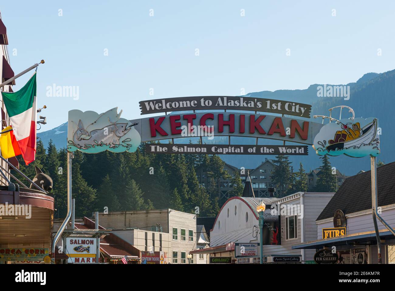 View of one of the main streets in Ketchikan, Alaska including the ...