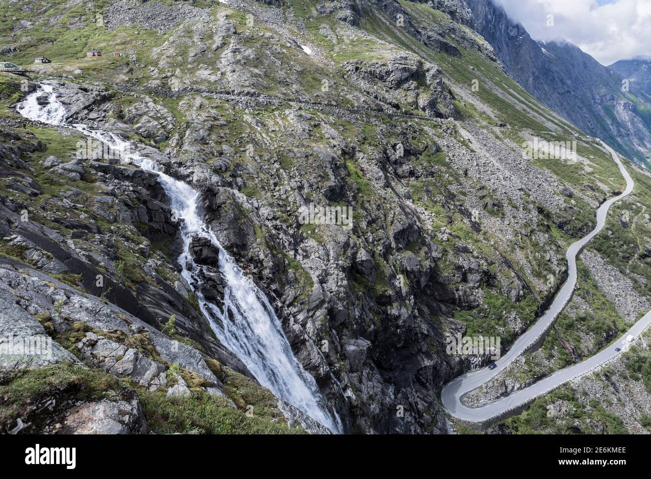 Trollstigen mountain pass with Stigfossen waterfall from the Trolls ...