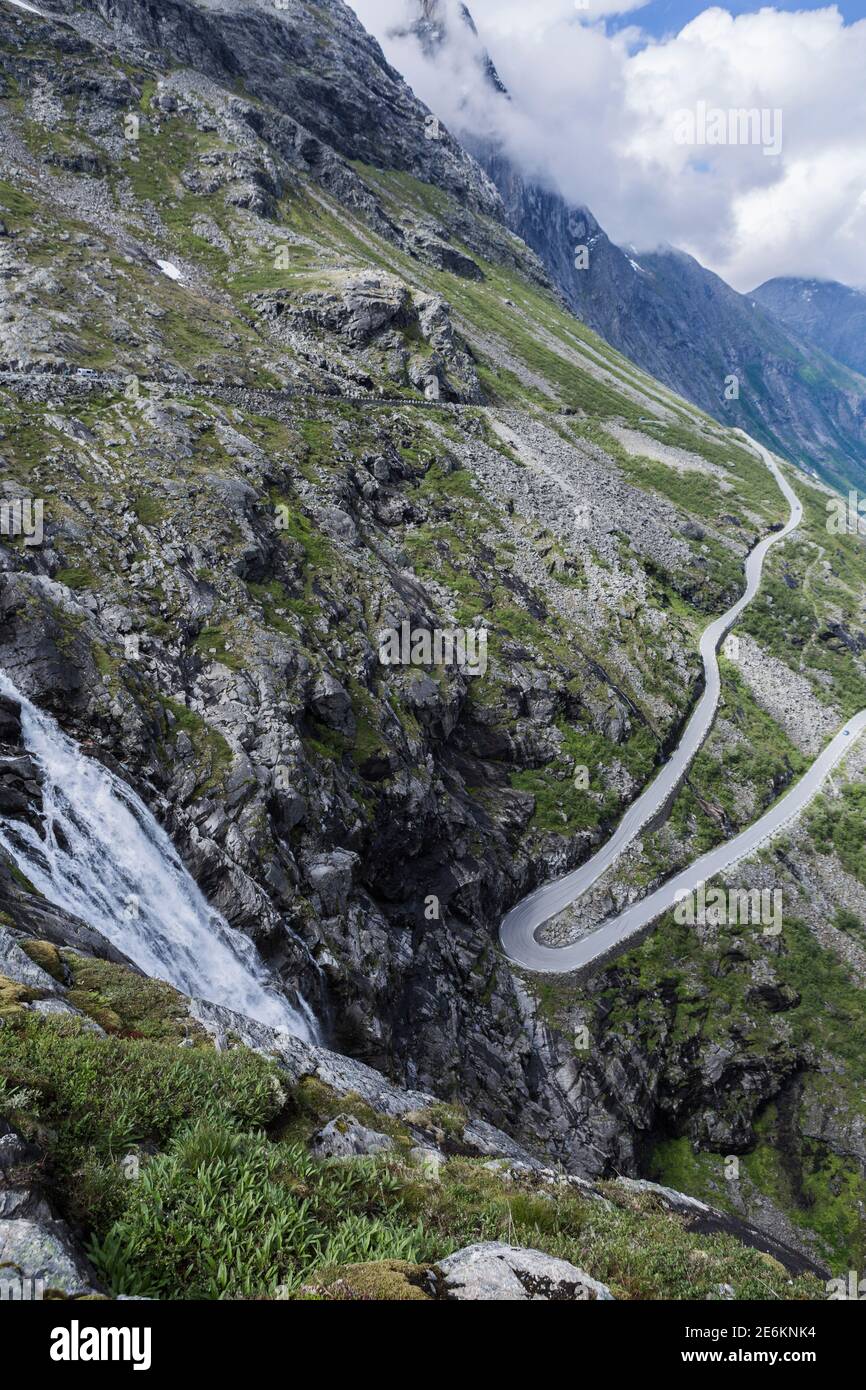 Trollstigen mountain pass with Stigfossen waterfall from the Trolls ...