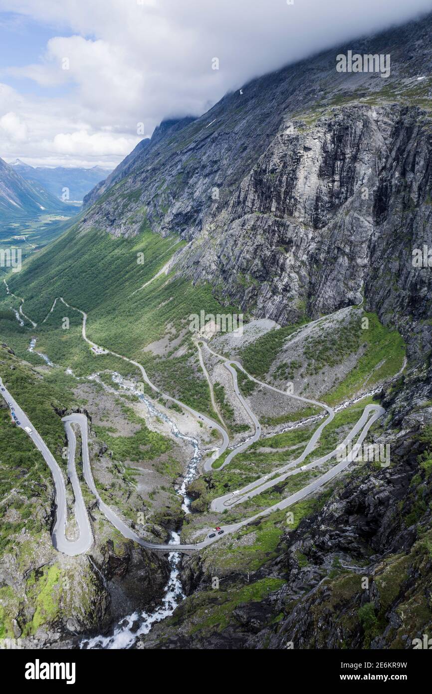 Trollstigen mountain pass with Stigfossen waterfall from the Trolls ...