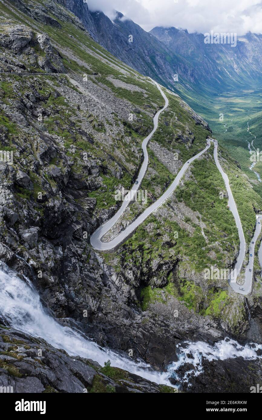 Trollstigen mountain pass with Stigfossen waterfall from the Trolls ...