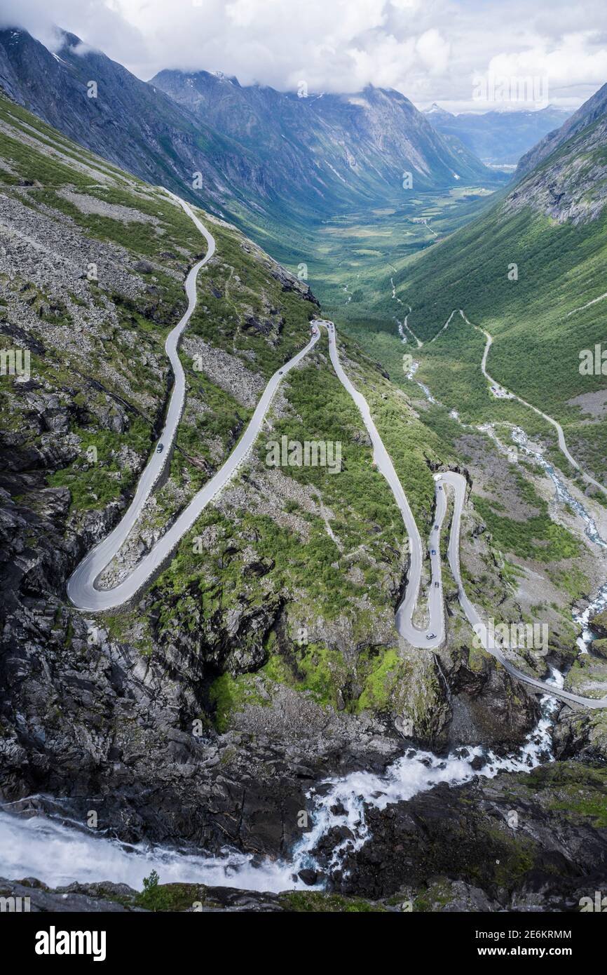 Trollstigen mountain pass with Stigfossen waterfall from the Trolls ...