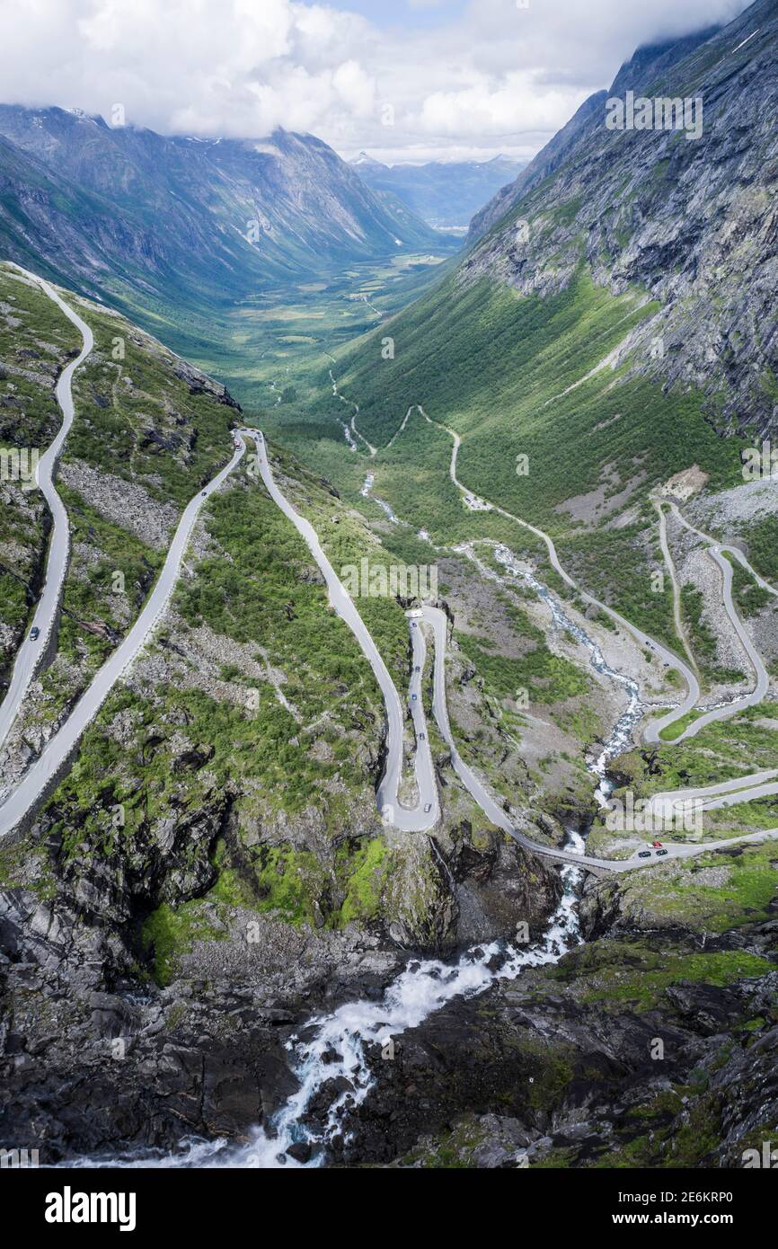 Trollstigen mountain pass with Stigfossen waterfall from the Trolls ...