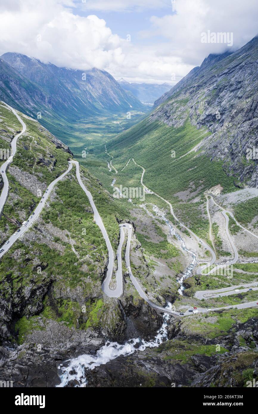 Trollstigen mountain pass with Stigfossen waterfall from the Trolls ...
