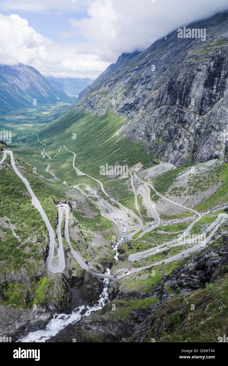 Trollstigen mountain pass with Stigfossen waterfall from the Trolls ...