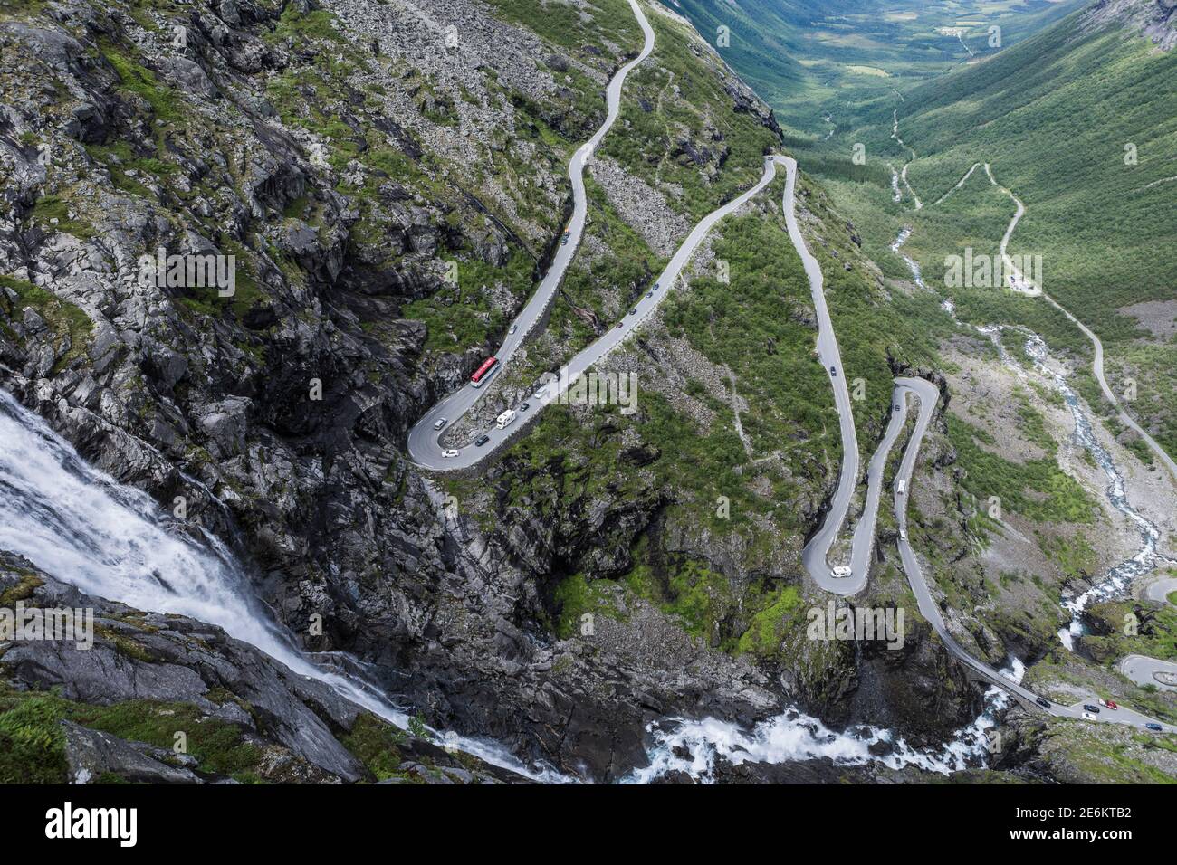 Trollstigen mountain pass with Stigfossen waterfall from the Trolls ...
