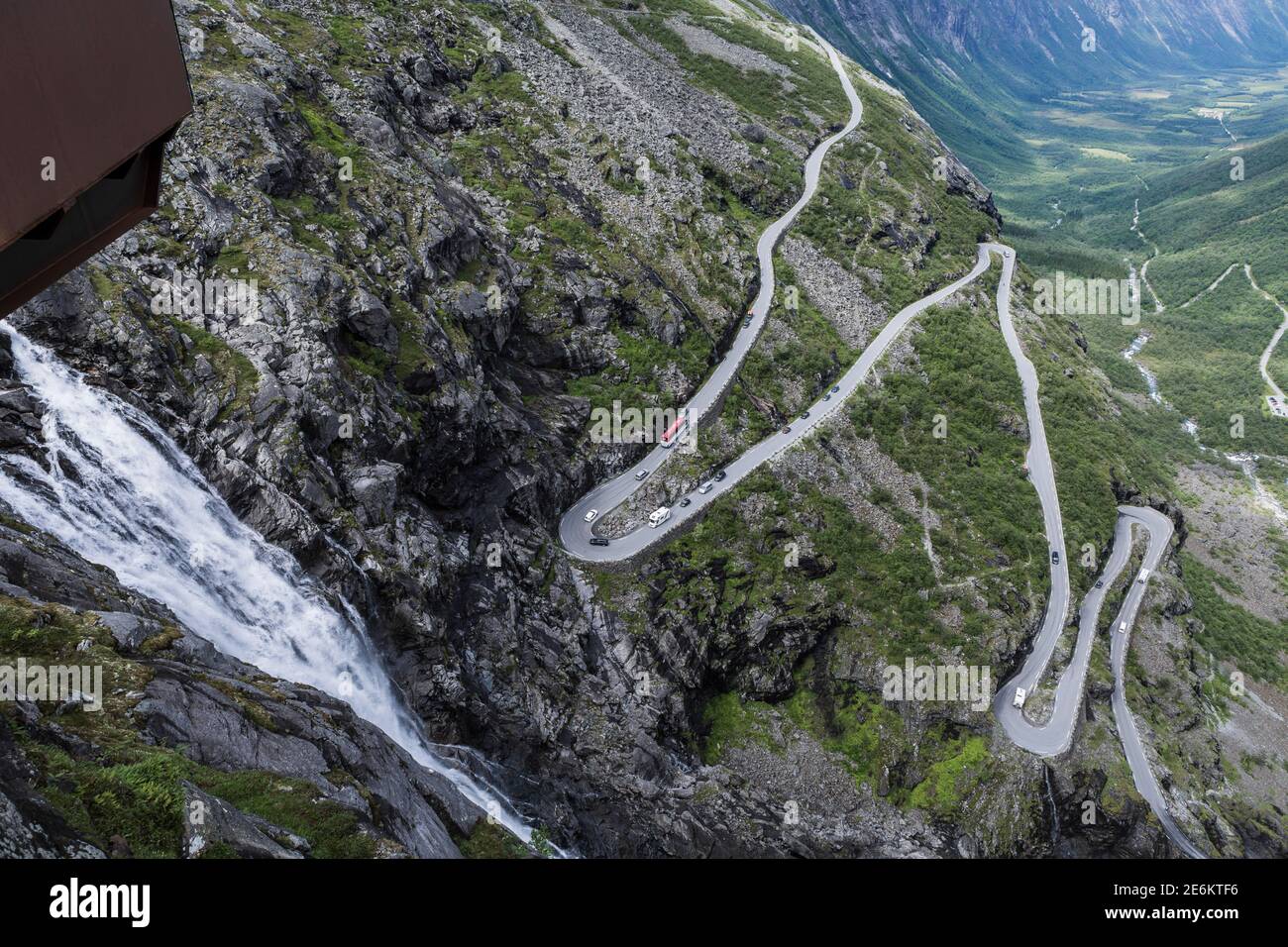 Trollstigen mountain pass with Stigfossen waterfall from the Trolls ...