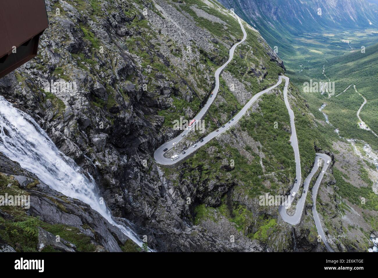 Trollstigen mountain pass with Stigfossen waterfall from the Trolls ...
