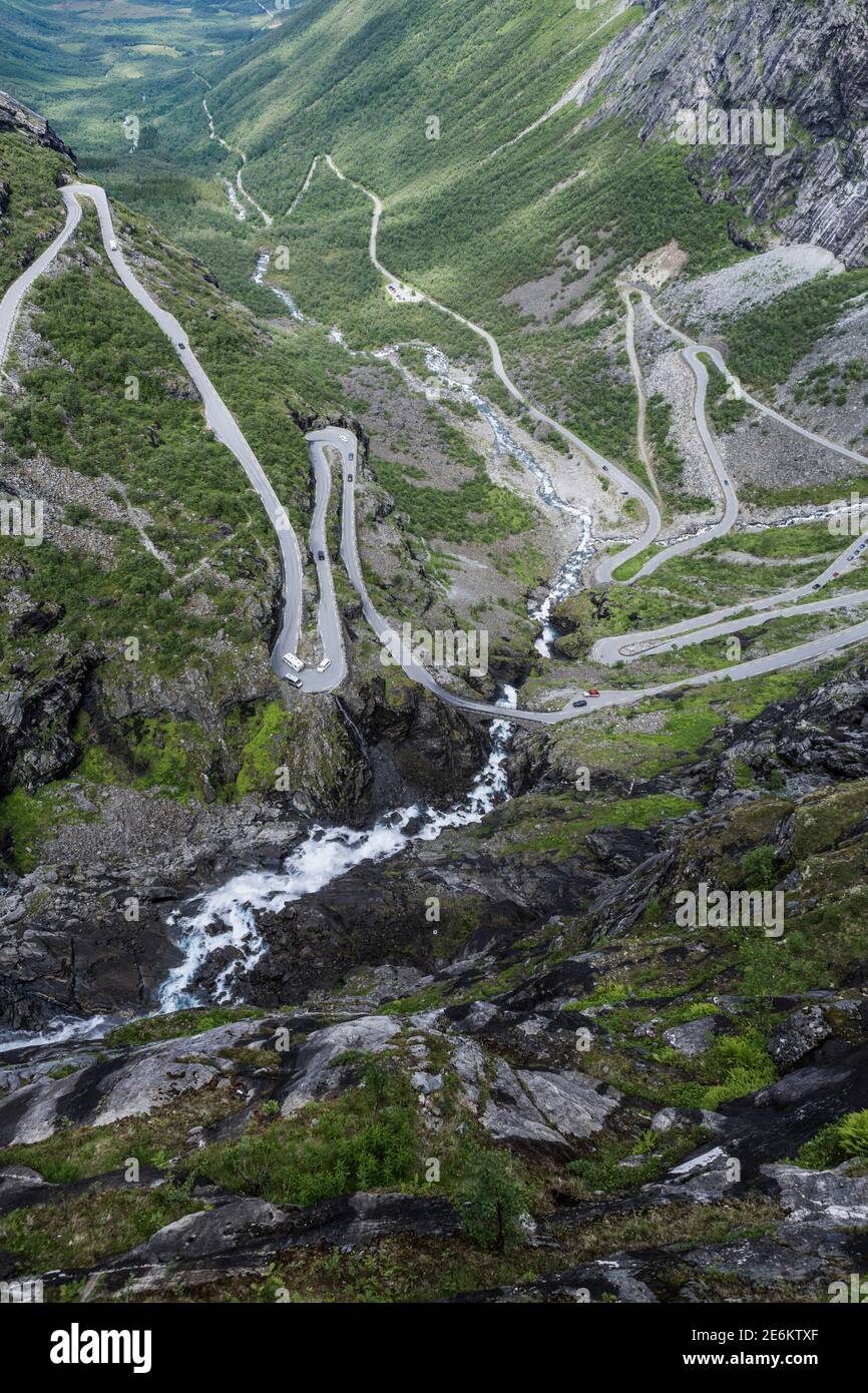 Trollstigen mountain pass with Stigfossen waterfall from the Trolls ...
