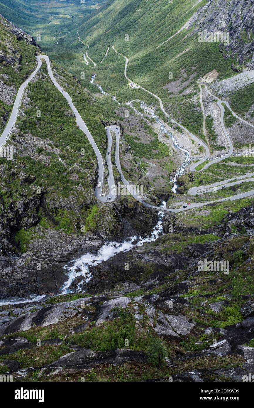 Trollstigen mountain pass with Stigfossen waterfall from the Trolls ...