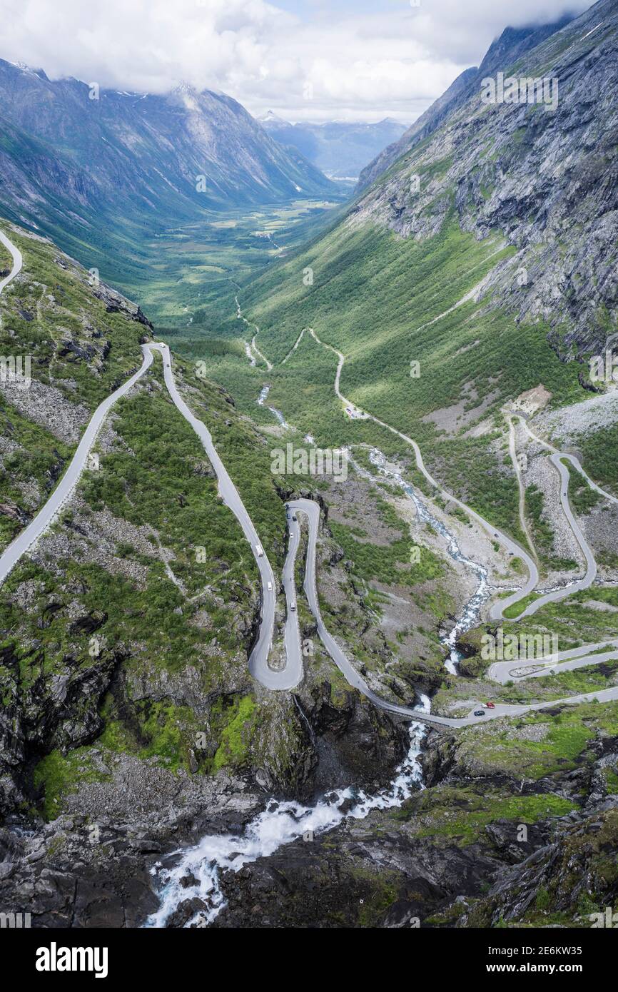 Trollstigen mountain pass with Stigfossen waterfall from the Trolls ...