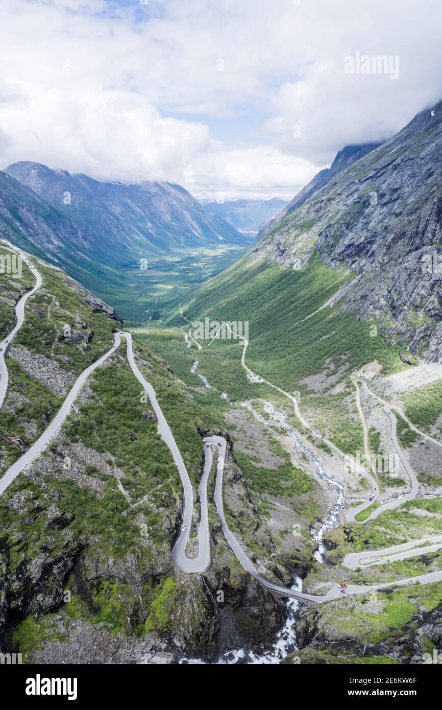 Trollstigen mountain pass with Stigfossen waterfall from the Trolls ...