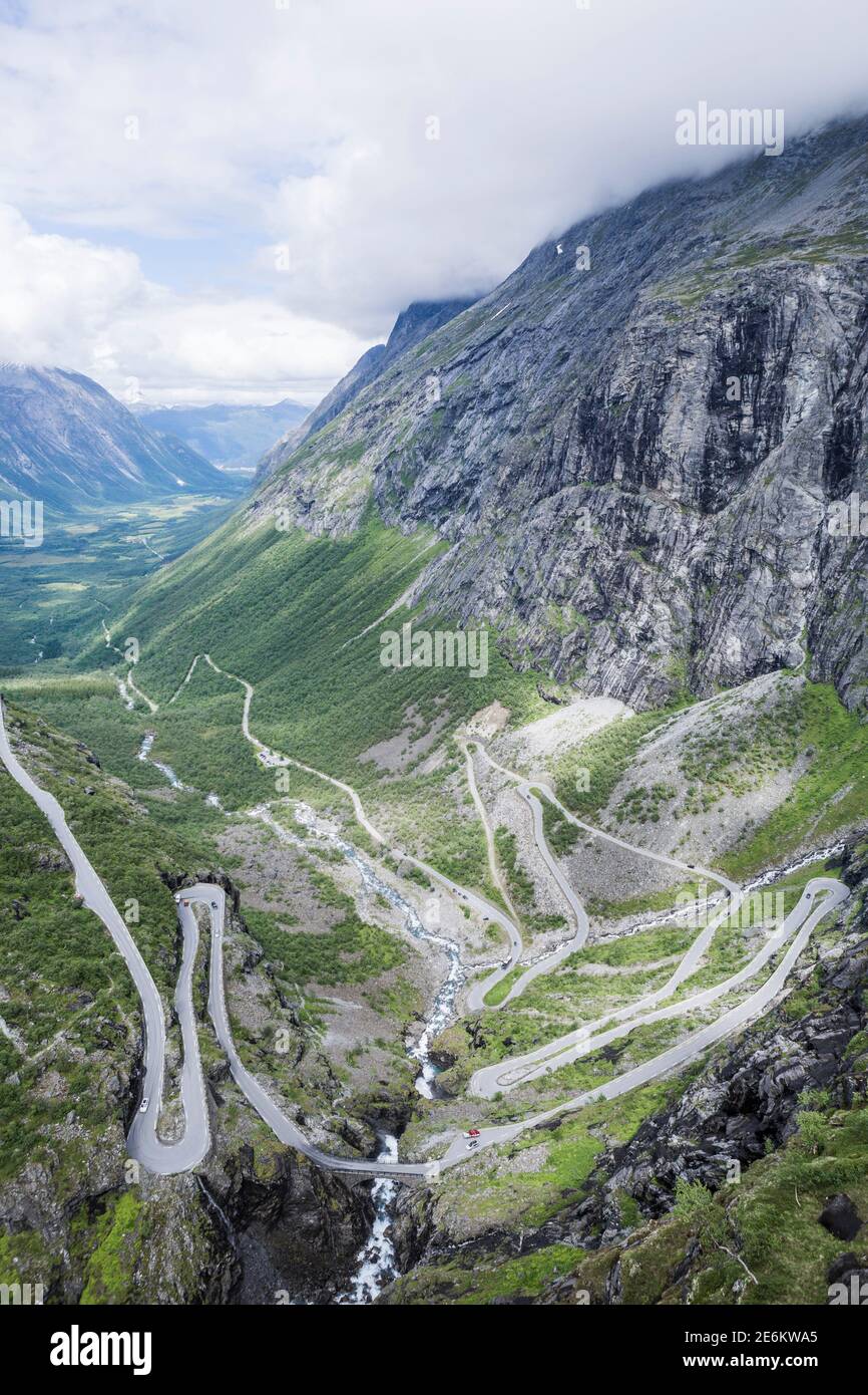 Trollstigen mountain pass with Stigfossen waterfall from the Trolls ...