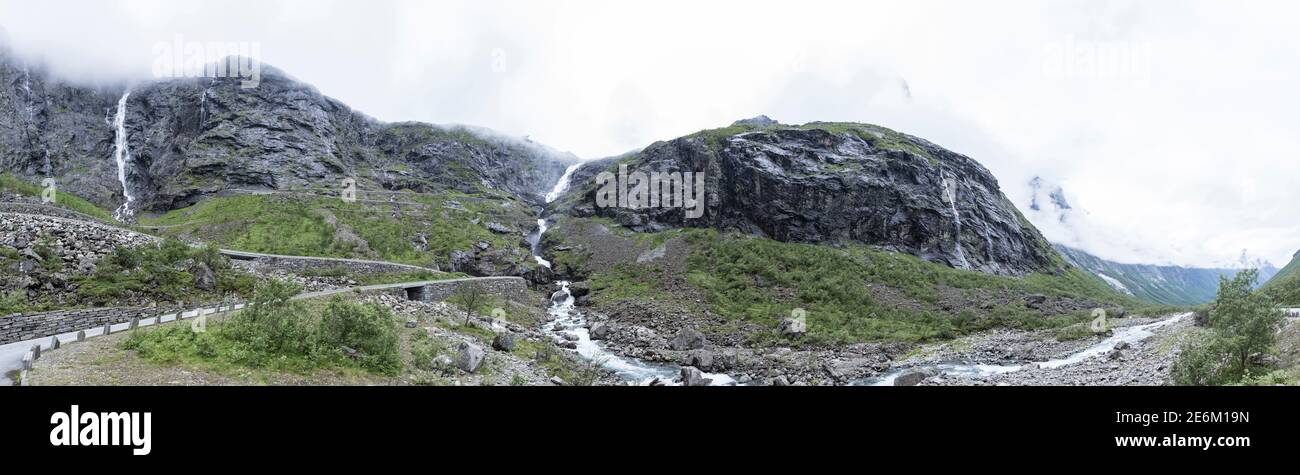 Trollstigen mountain pass with Stigfossen waterfall in Norway; view ...