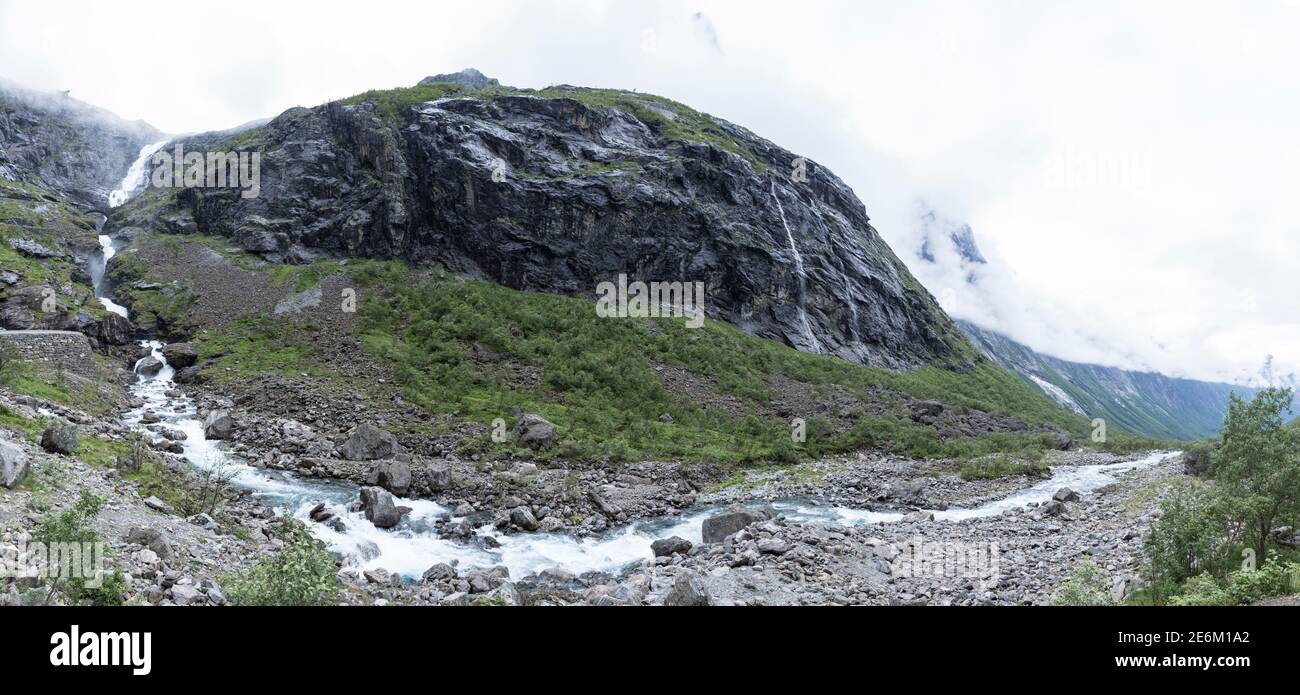 Trollstigen mountain pass with Stigfossen waterfall in Norway; view ...