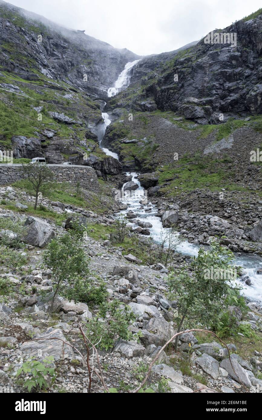 Trollstigen mountain pass with Stigfossen waterfall in Norway; view ...