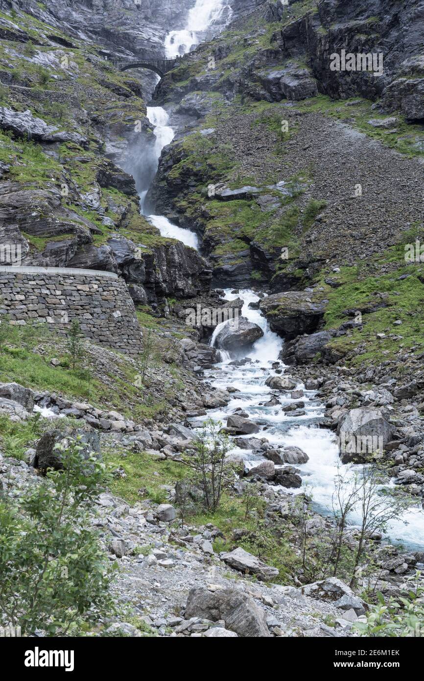 Trollstigen mountain pass with Stigfossen waterfall in Norway; view ...