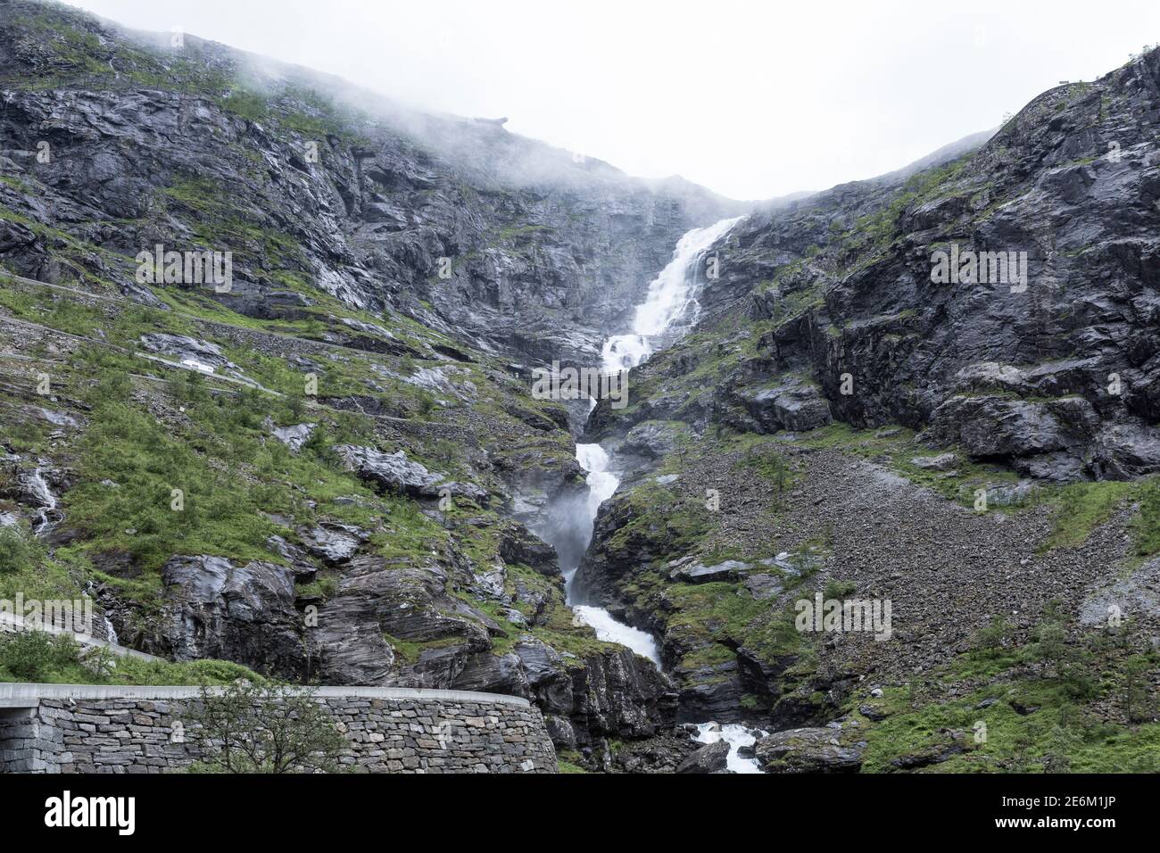Trollstigen mountain pass with Stigfossen waterfall in Norway; view ...