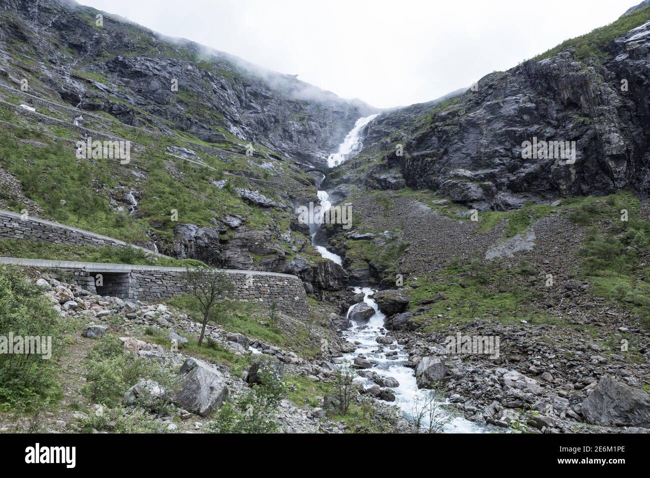 Trollstigen mountain pass with Stigfossen waterfall in Norway; view ...