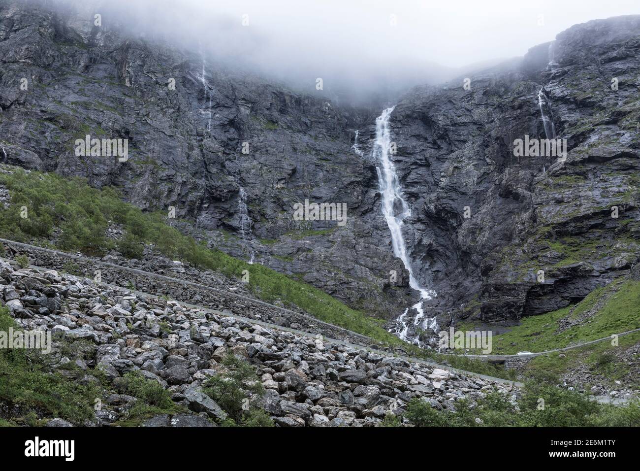 Trollstigen mountain pass with Stigfossen waterfall in Norway; view ...