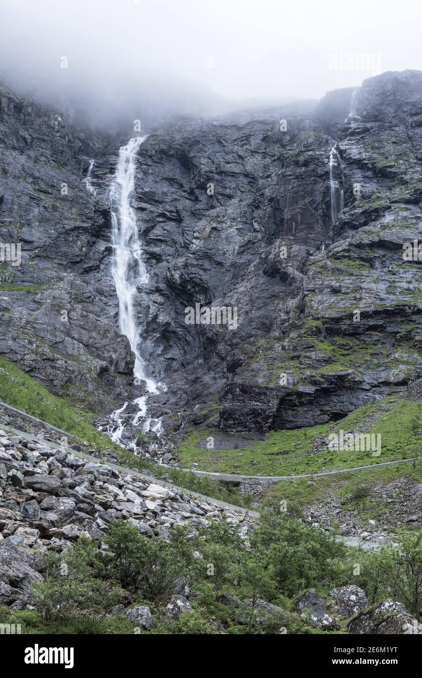 Trollstigen mountain pass with Stigfossen waterfall in Norway; view ...