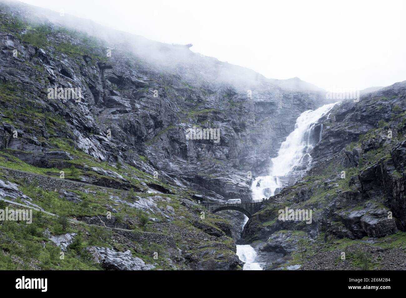 Trollstigen mountain pass with Stigfossen waterfall in Norway; view ...