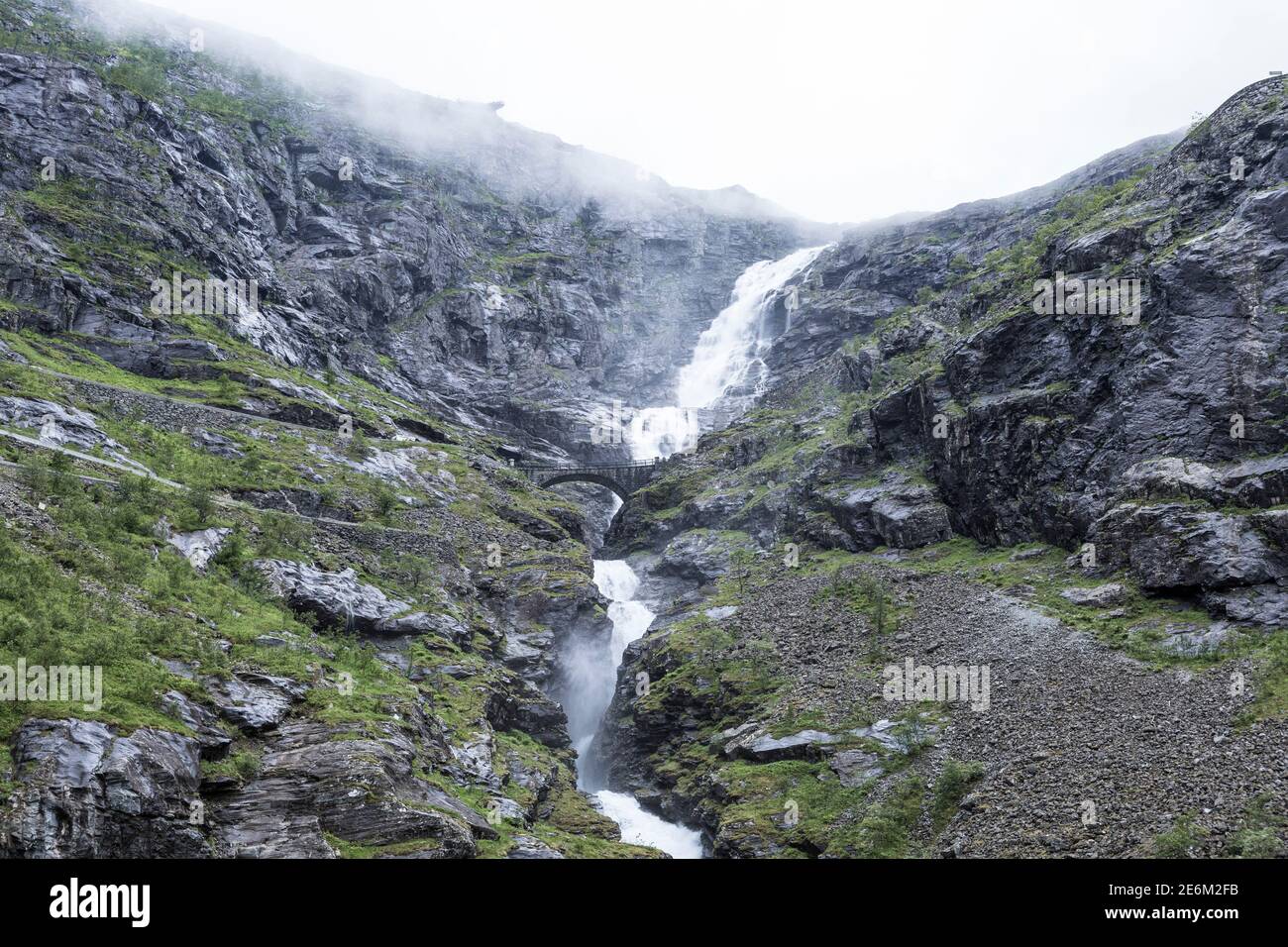 Trollstigen mountain pass with Stigfossen waterfall in Norway; view ...