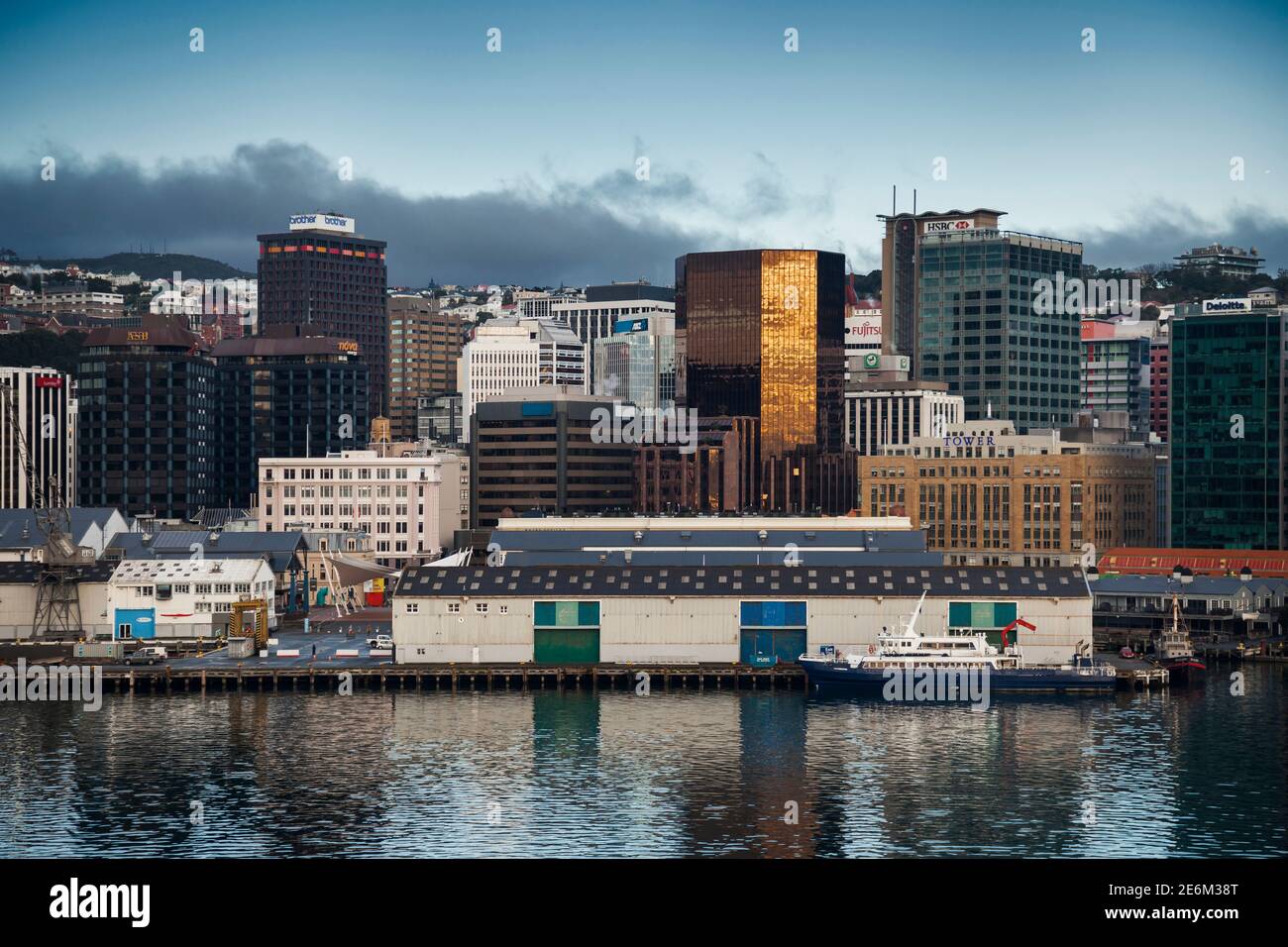 Horizontal frontal view of the port buildings at sunrise, Wellington ...
