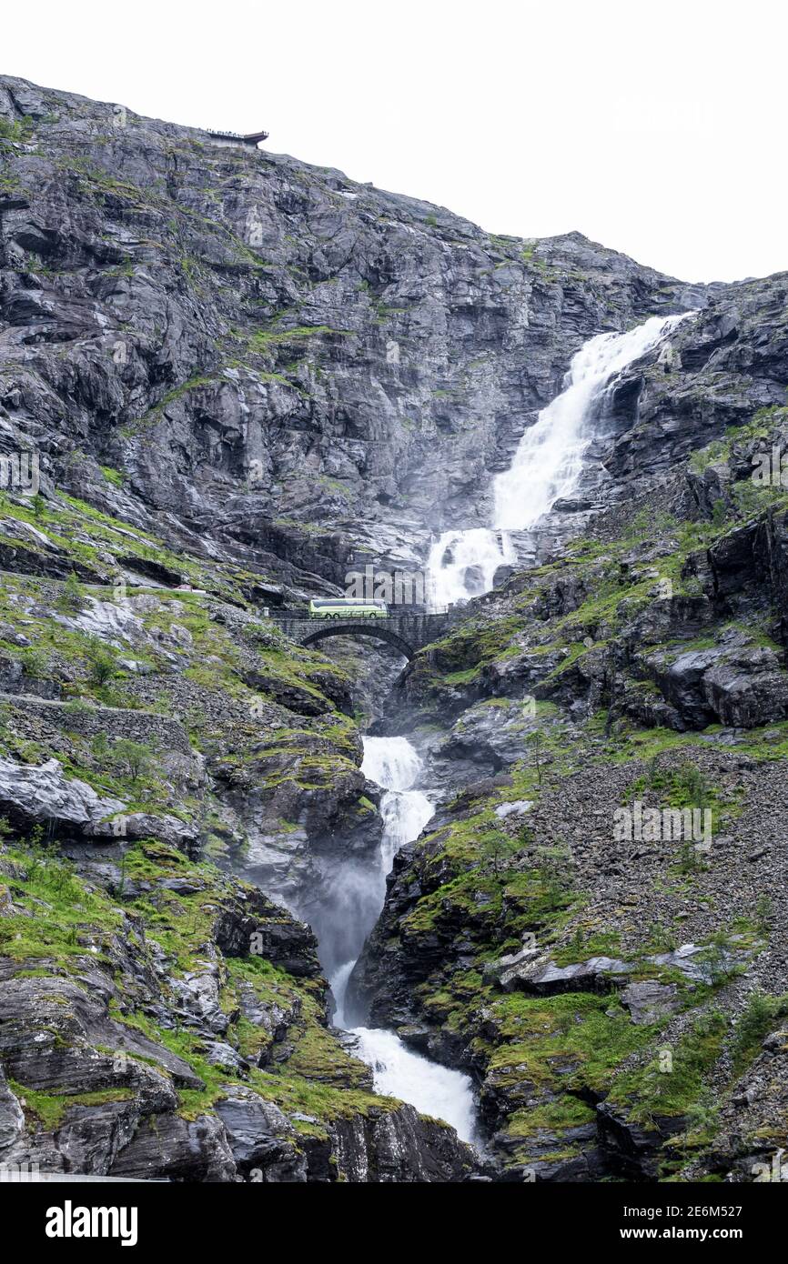 Trollstigen mountain pass with the Trolls Path Viewpoint and Stigfossen ...
