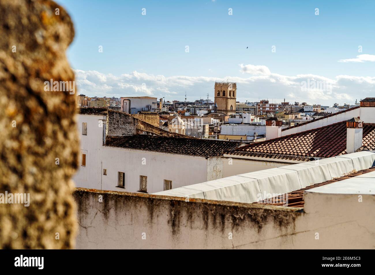 Skyline with cathedral tower taken from walls of Alcazaba, Badajoz ...