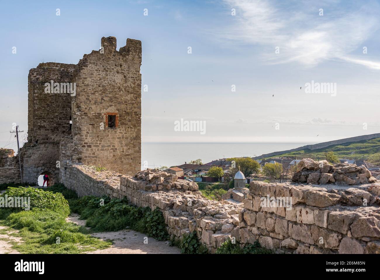 Medieval wall and tower of Genoese fortress in the city of Feodosia on ...