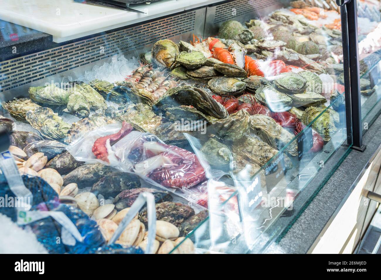 Counter with clams and octopus arms on ice at the seafood market in ...