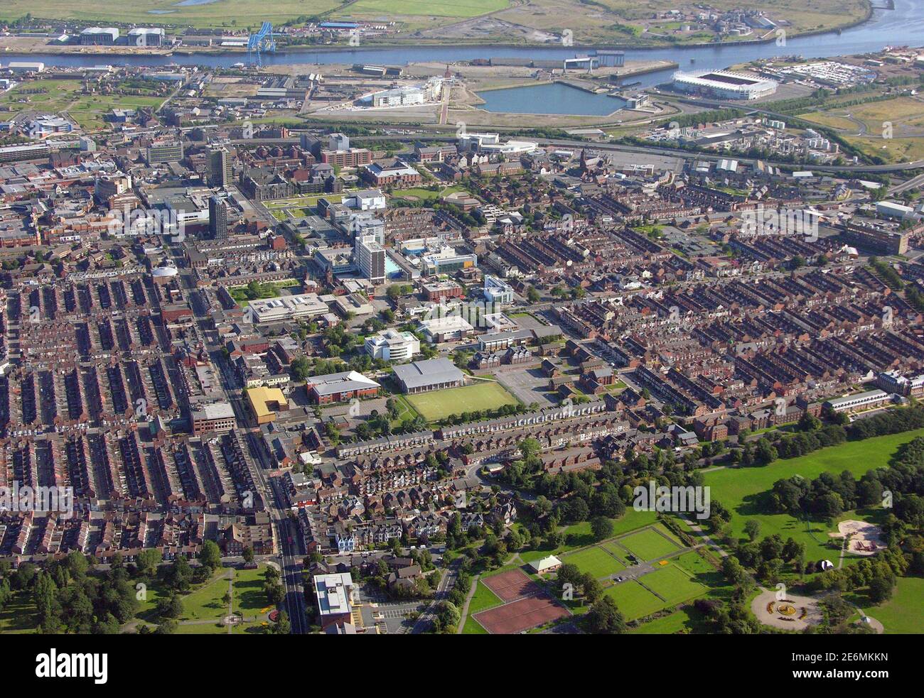 aerial view of Middlesbrough town centre from above Albert Park looking ...
