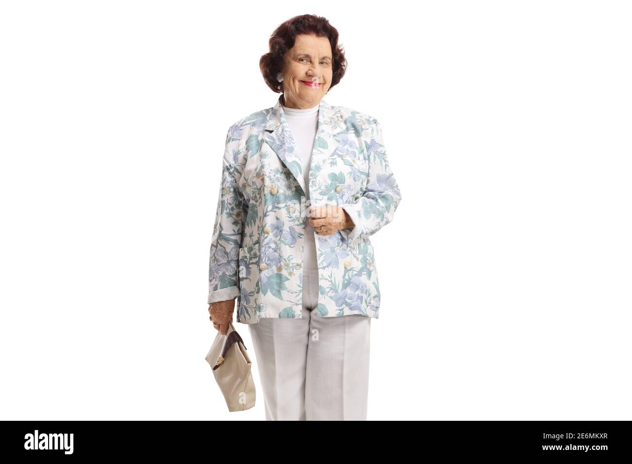Elderly lady wearing vintage clothes and posing isolated on white ...