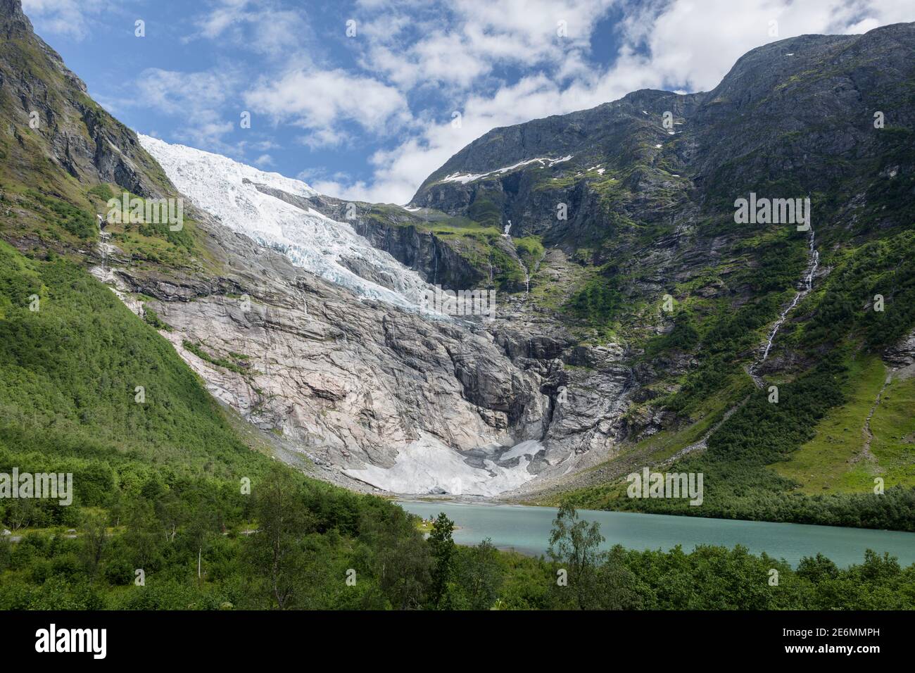 Boyabreen Glacier with glacier lake in the Jostedalsbreen National Park ...