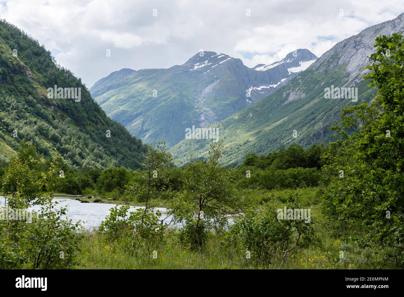 Forested mountain walls and a lake in the Jostedalsbreen National Park ...