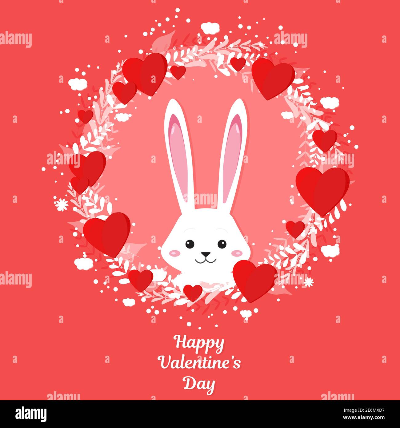 Cute white bunny with red hearts Happy Valentine's Day card vector ...