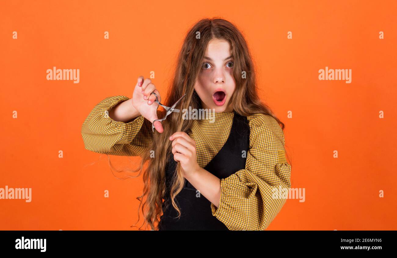 happy teen girl cut hair with scissors, hairdresser Stock Photo - Alamy